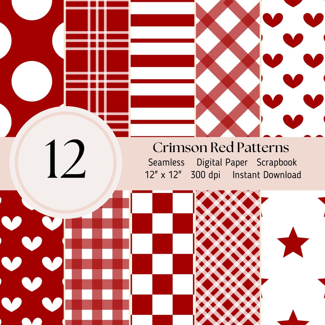 Red Gingham Digital Paper- 12 Seamless Patterns, Background ...