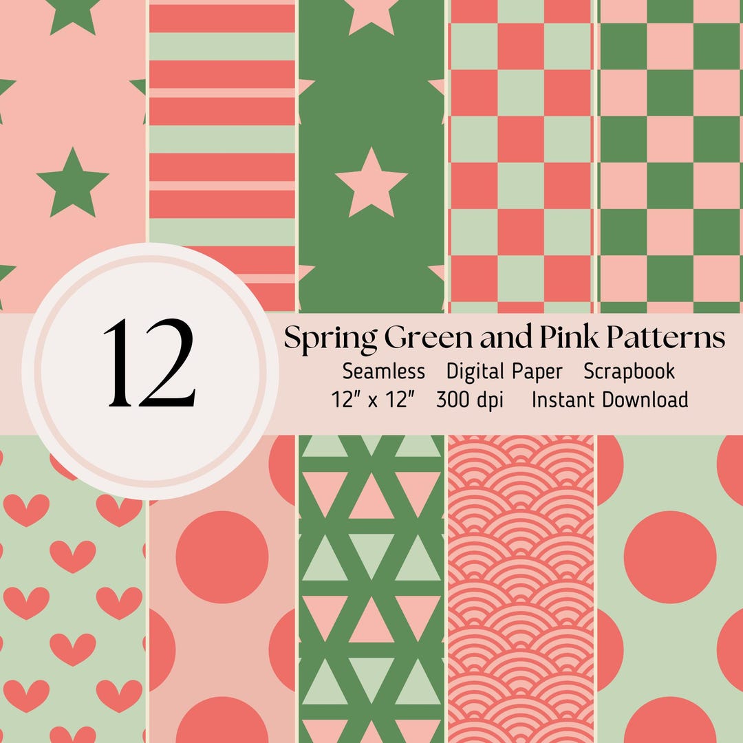 Spring Pink and Green Pattern Seamless - 12 Digital Paper Pack ...