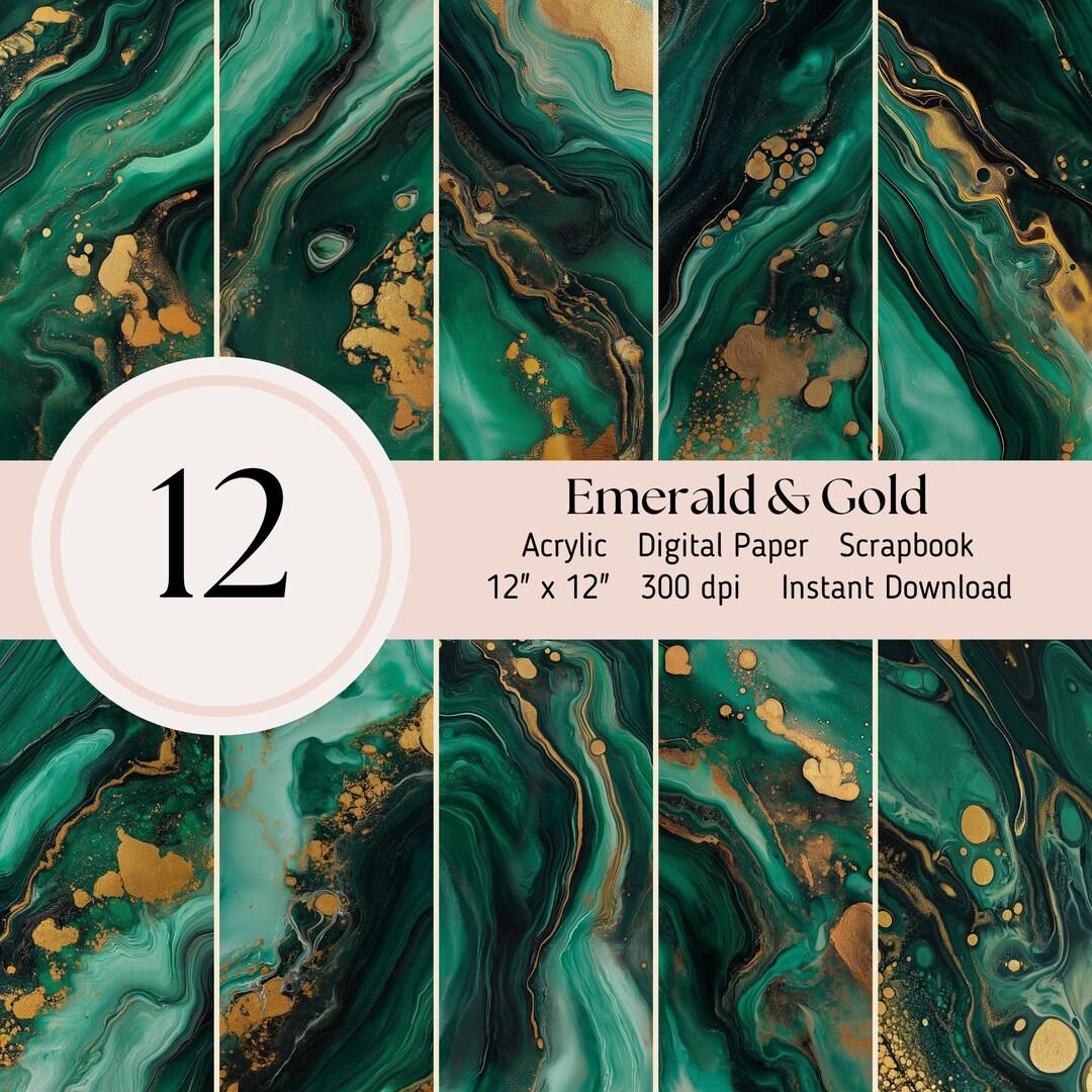 Emerald Green and Gold Agate Digital Paper - 12 Pack Acrylic Pour ...