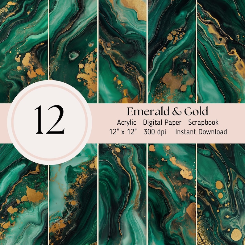Emerald Green and Gold Agate Digital Paper - 12 Pack Acrylic Pour ...