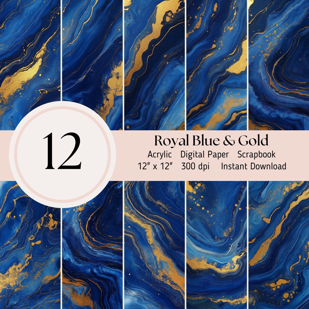 Royal Blue and Gold Digital Paper - 12 Pack Acrylic Pour Patterns ...