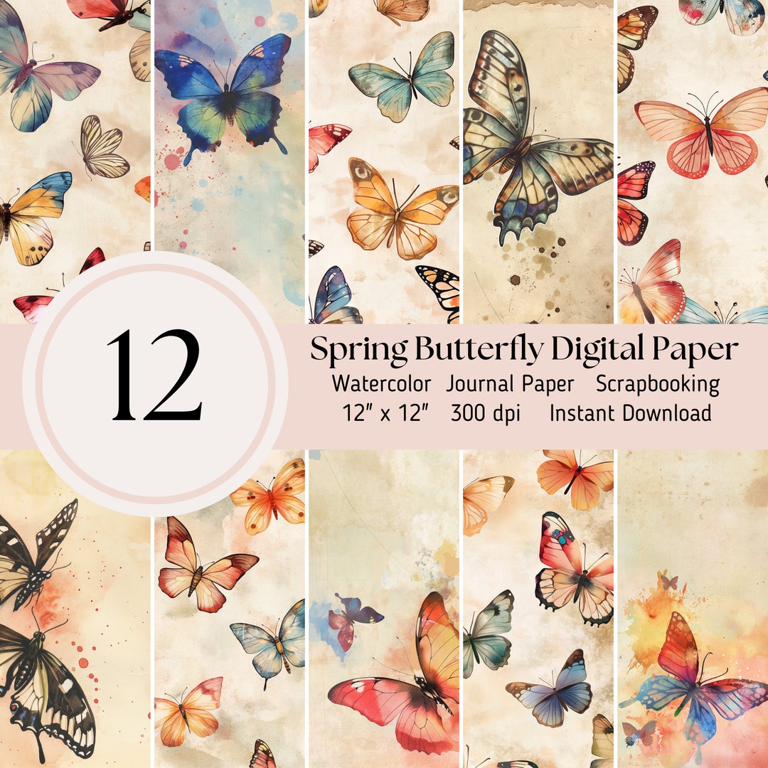 Spring Butterfly Digital Paper Pack- 12 Vintage Spring Sheets Colorful ...