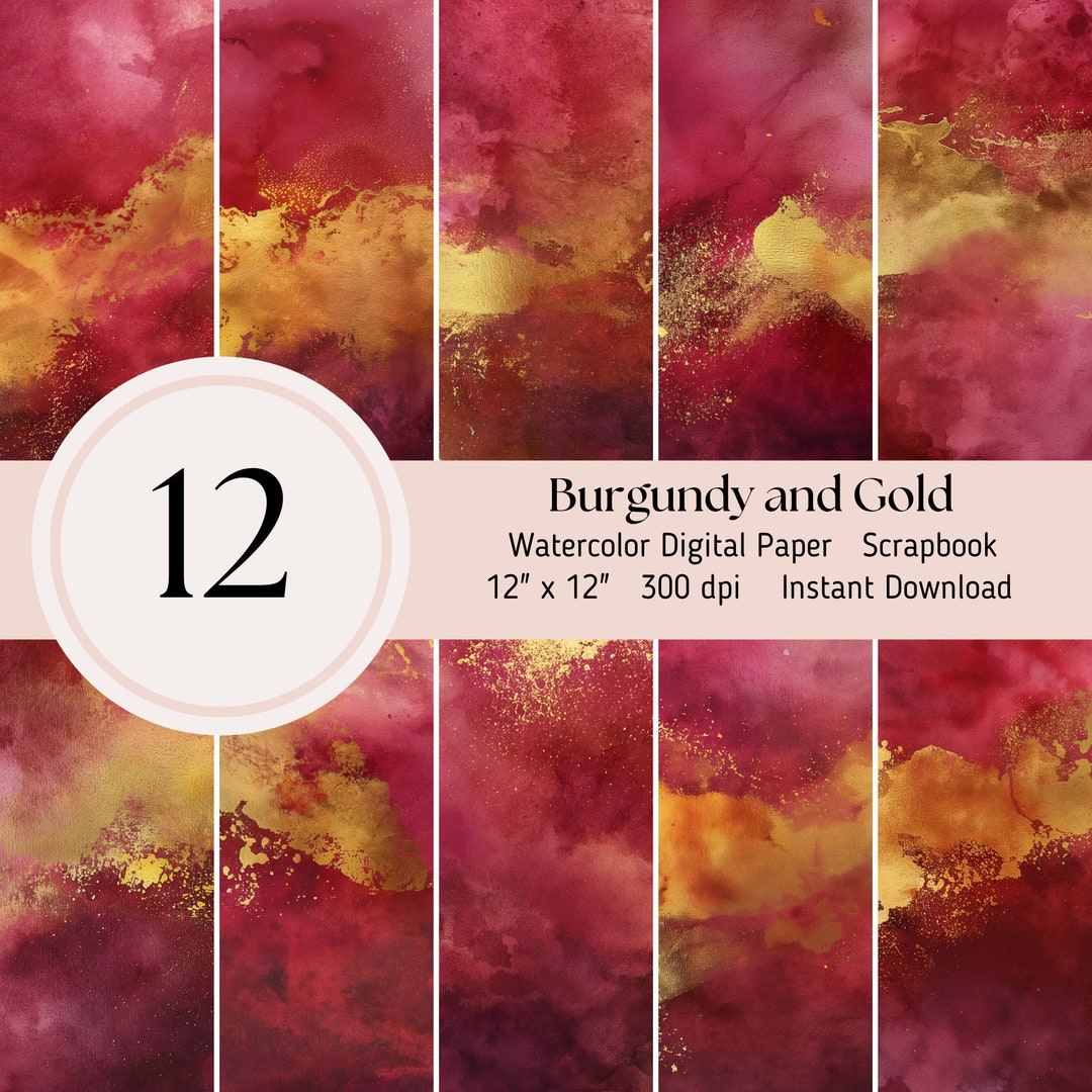 Burgundy and Gold Watercolor Digital Paper- 12 Pack, Scrapbooking ...