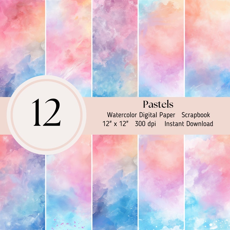 Pastel Watercolor Digital Paper- 12 Pack, Scrapbooking Journal Sheets ...