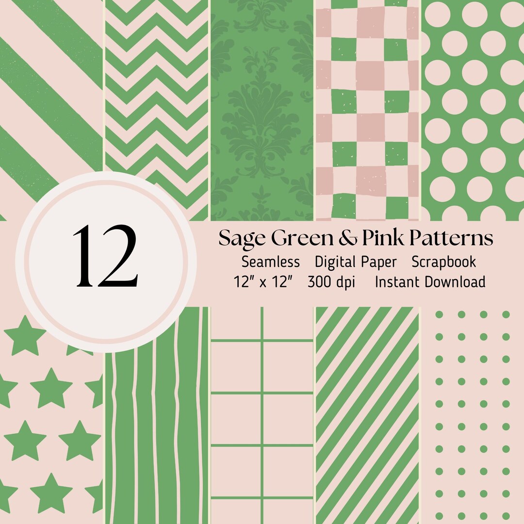 Sage Green and Light Pink Seamless Digital Paper - 12 Pack Background ...