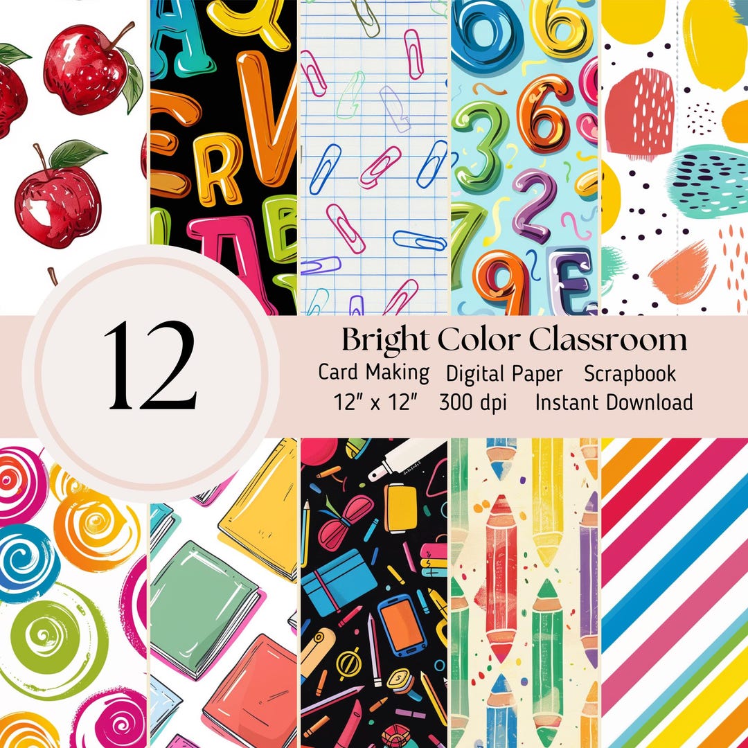 Digital Papers Classroom, Back to School 12 Pack, Scrapbooking Journal ...