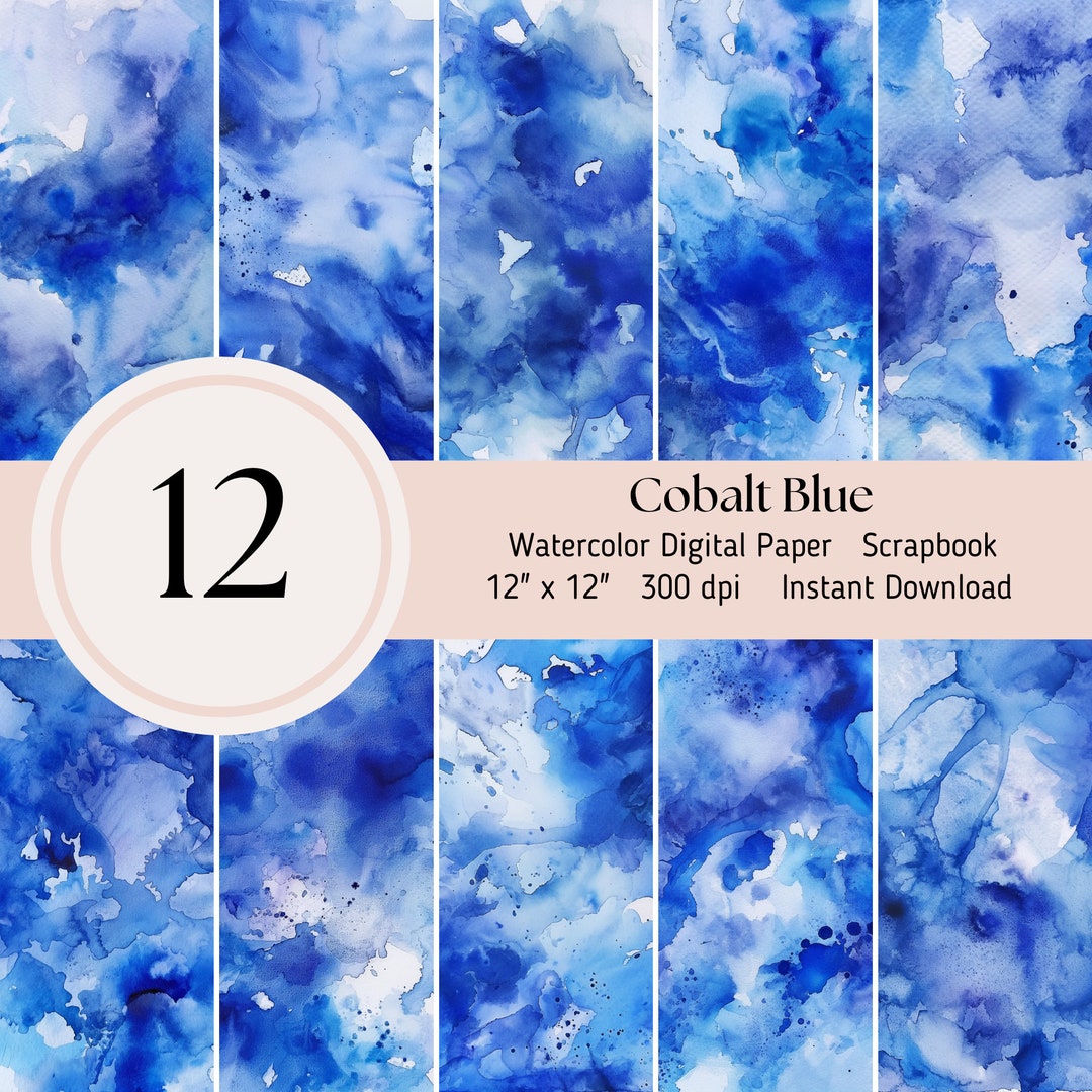 Cobalt Blue Watercolor Digital Paper- 12 Pack, Scrapbooking Journal ...