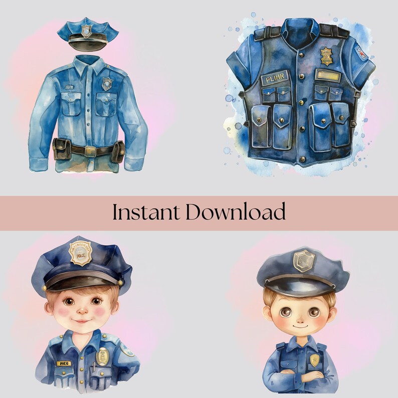 Watercolor Cute Policeman Clipart for Kids- 20 PNG Images, Transparent ...