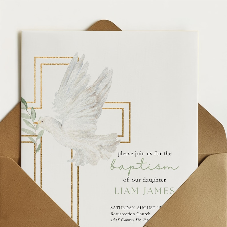 Modern Baptism Invitation Template Canva Customizable Photo Invite Gold ...