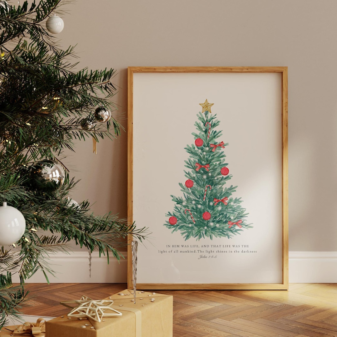 Minimalist Christmas Tree Wall Art Trendy Coquette Bow Print John 1 ...