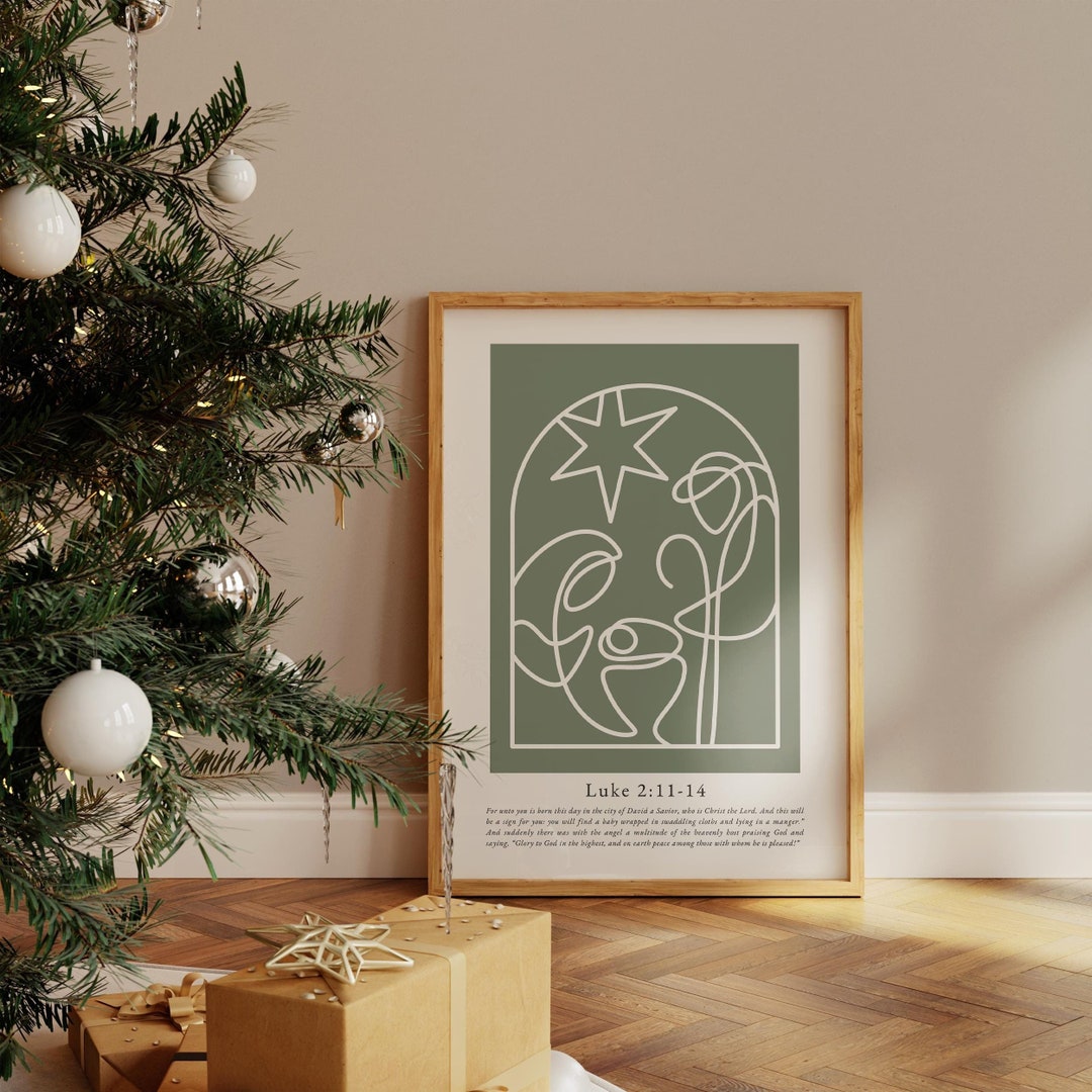 Olive Green Minimalist Nativity One Line Drawing Modern Scripture Wall ...