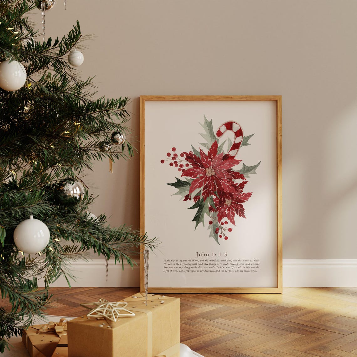 Modern Christian Christmas Botanical Print Seasonal Poinsettia Painting ...
