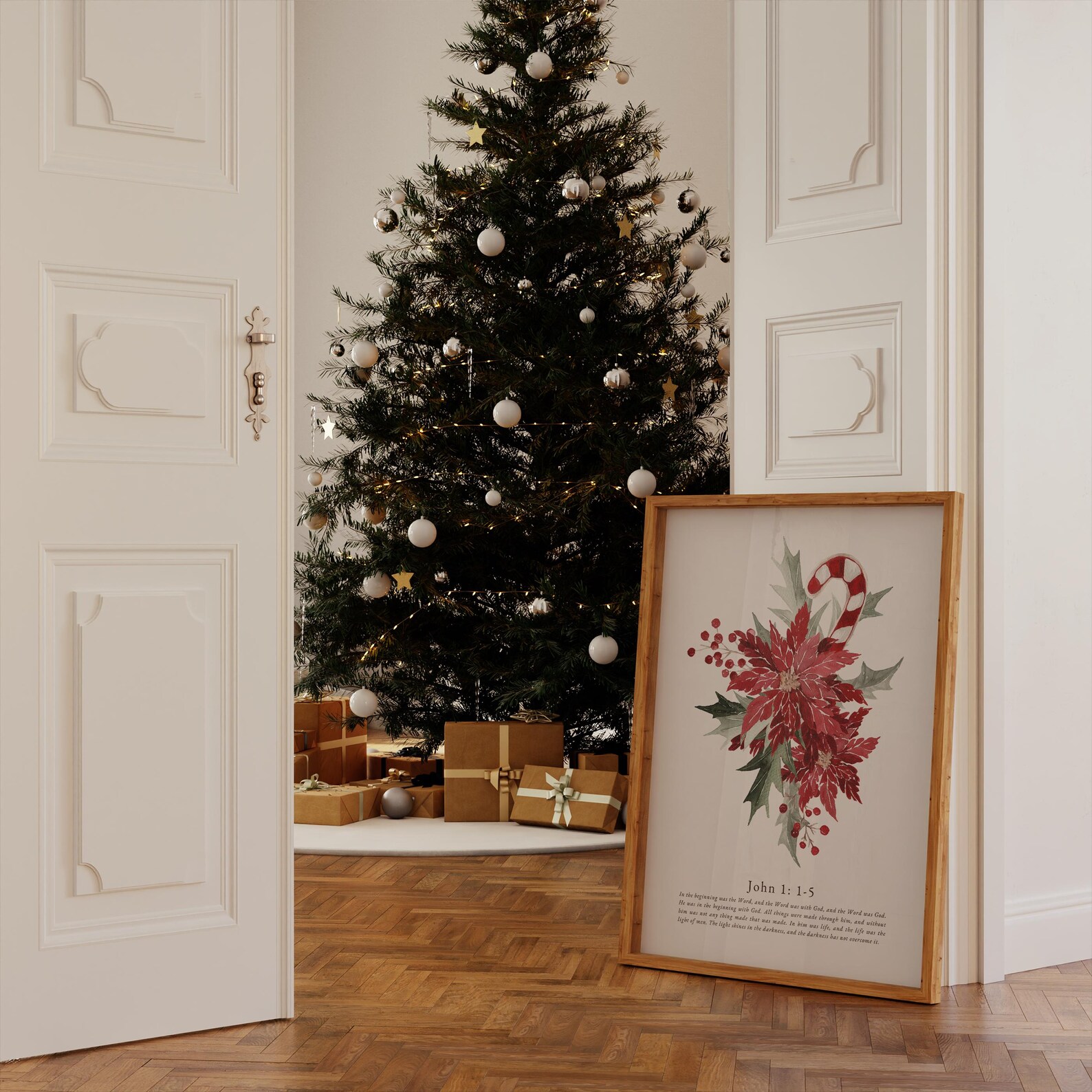 Modern Christian Christmas Botanical Print Seasonal Poinsettia Painting ...