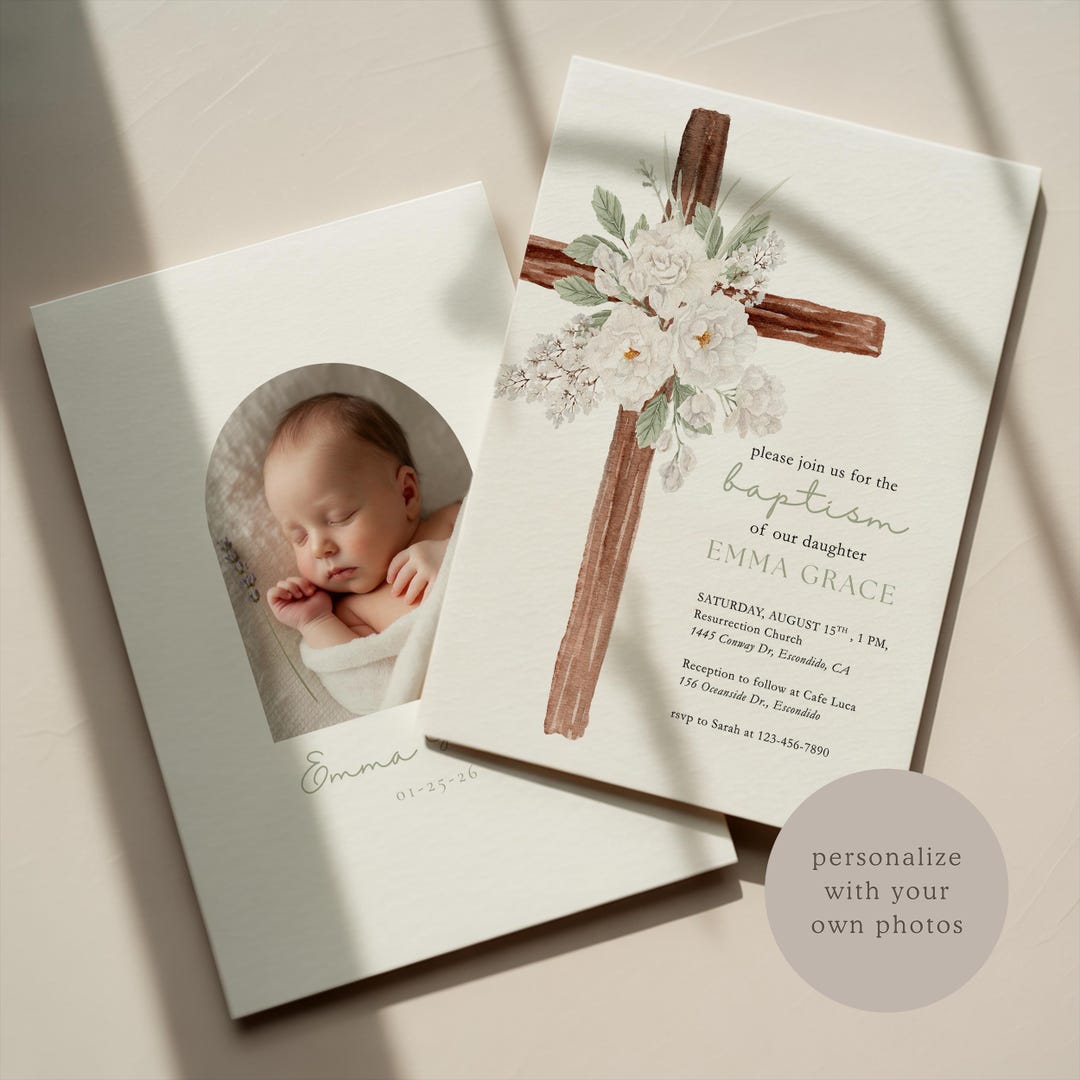 Baptism Invite Template Canva Editable Christening Details Card ...