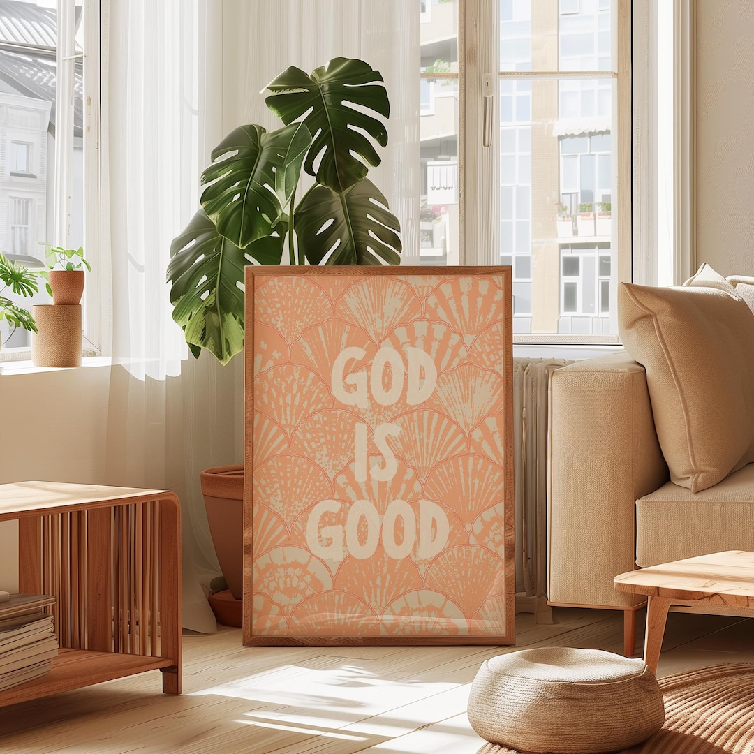 Seashell Orange Christian Wall Art God is Good Poster Trendy Coastal ...