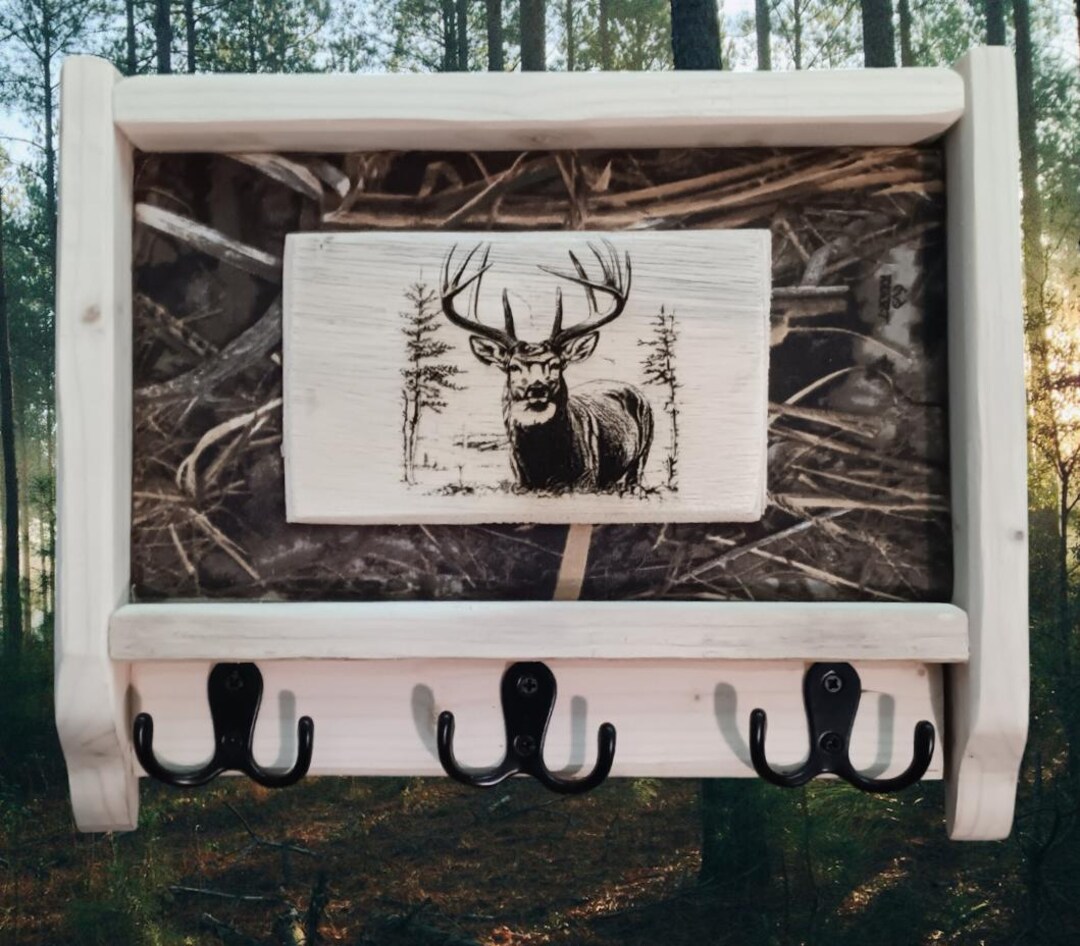 Key Holder Hooks Whitetail Deer Camo 6 Hooks Handmade Natural Pine Wood ...