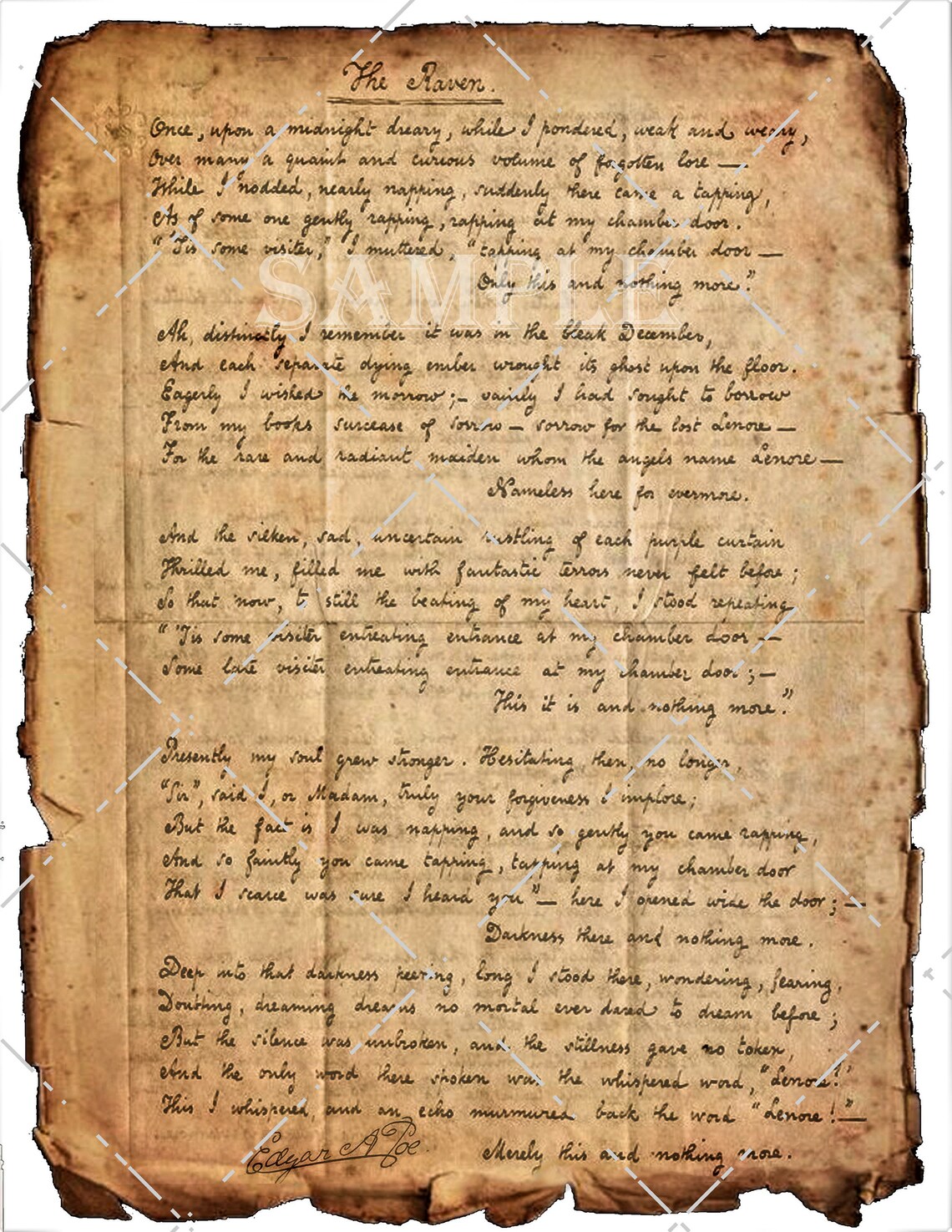 Printable THE RAVEN Handwritten by Edgar Allan Poe Signed Autographed ...