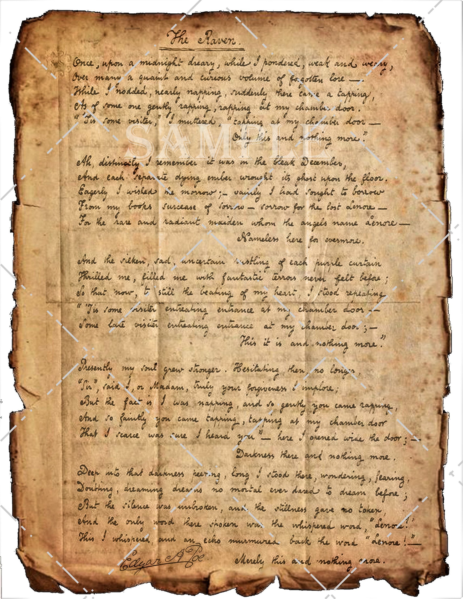 Printable THE RAVEN Handwritten by Edgar Allan Poe Signed Autographed ...