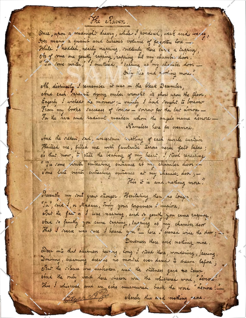 Printable THE RAVEN Handwritten by Edgar Allan Poe Signed Autographed ...