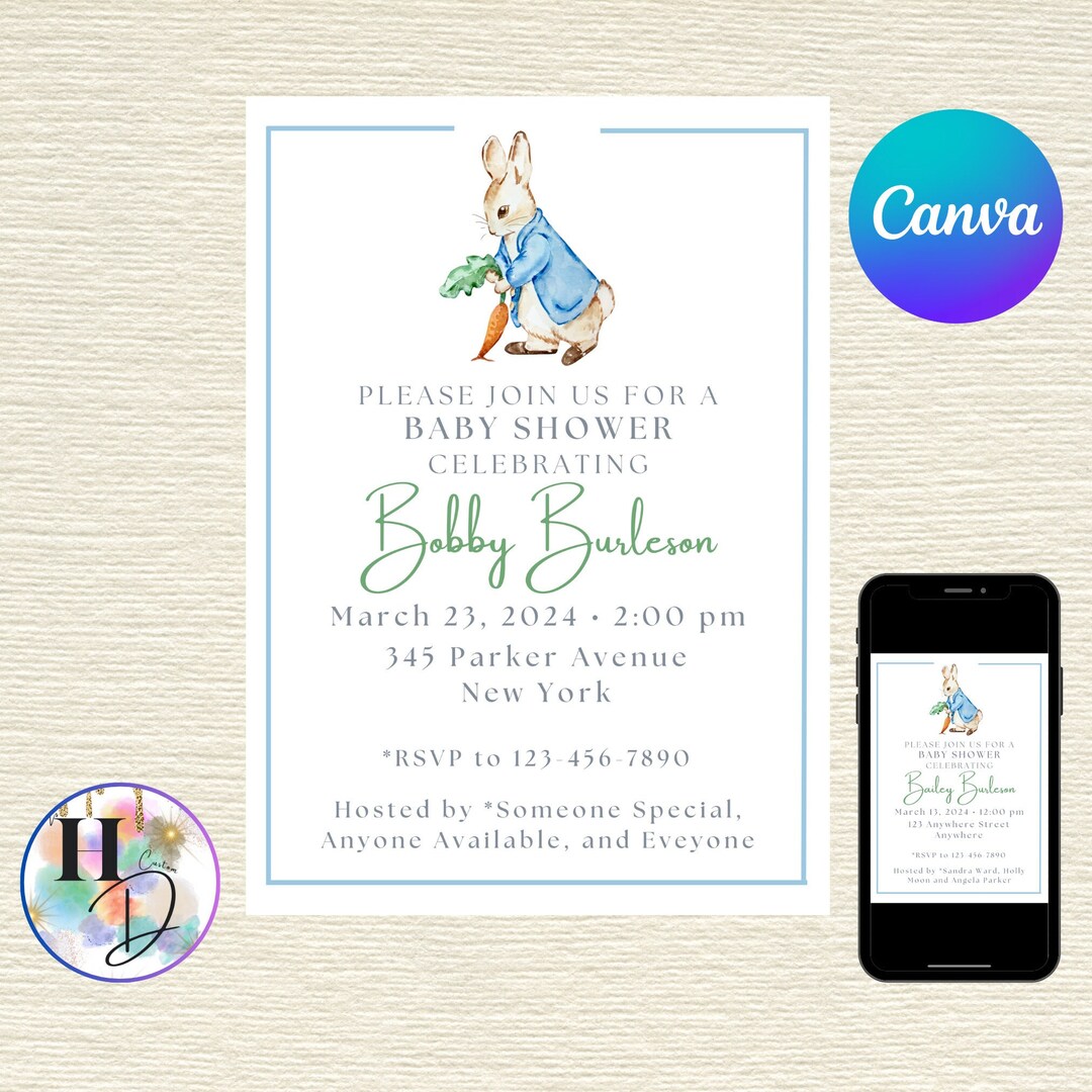 Peter Rabbit Baby Shower Invitation, Simple Green and Blue Invitation ...