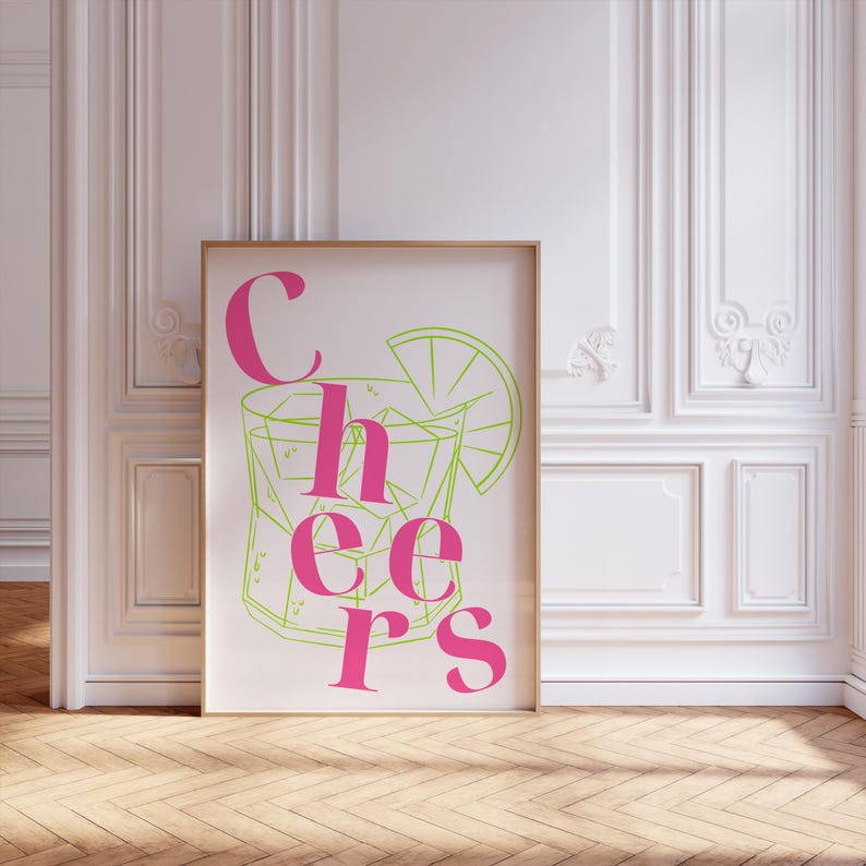 Cheers Print Cocktail Poster Neon Green Bold Typography Print Cin Cin ...