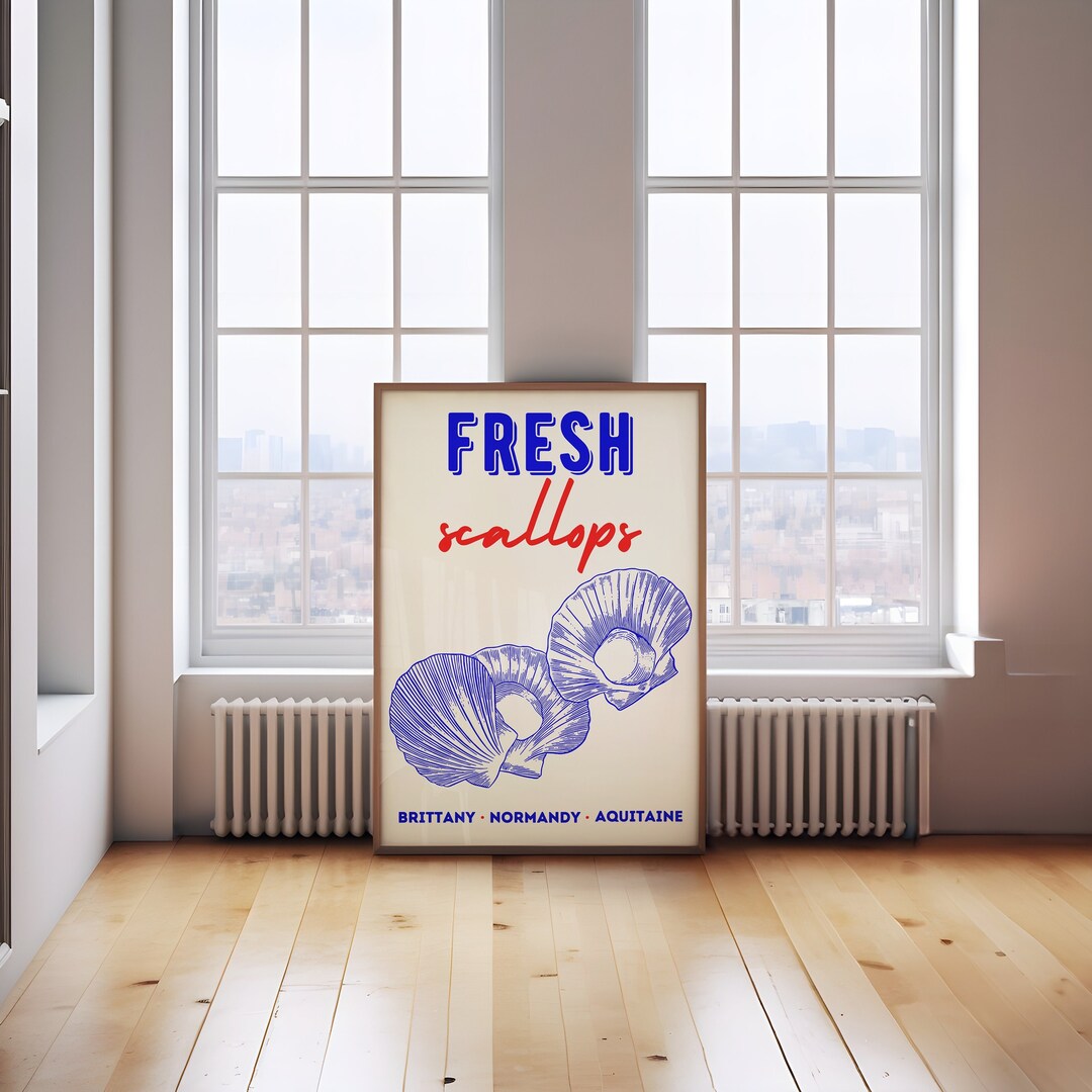 Scallop Print French Seafood Poster Nautical Print Coastal Chic Kitchen ...