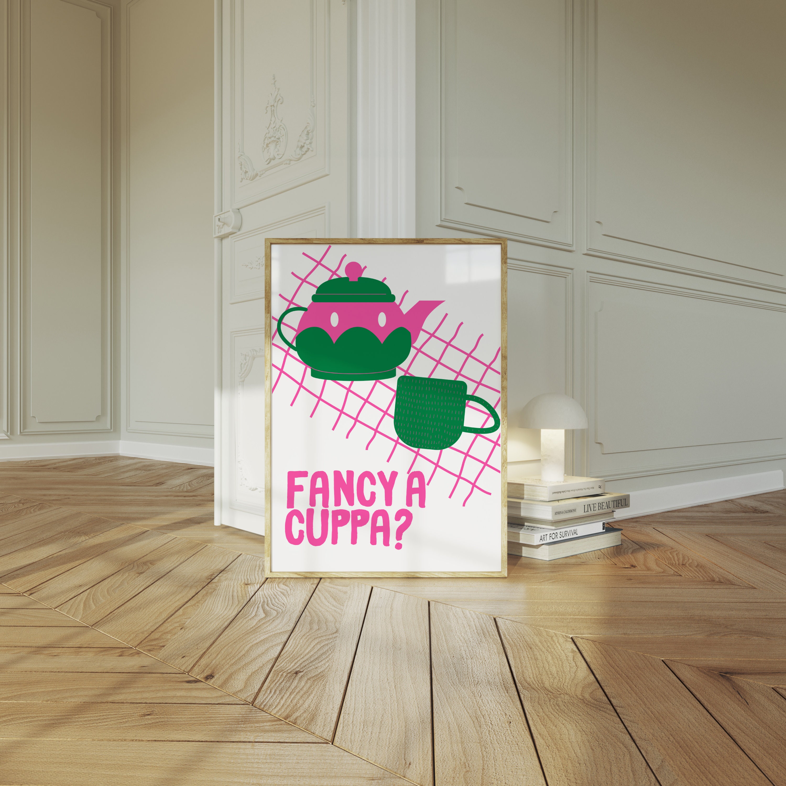 Fancy A Cuppa, 2 Colors Green, Pink, Blue, Red, Tea Wall Art, Cafecore ...
