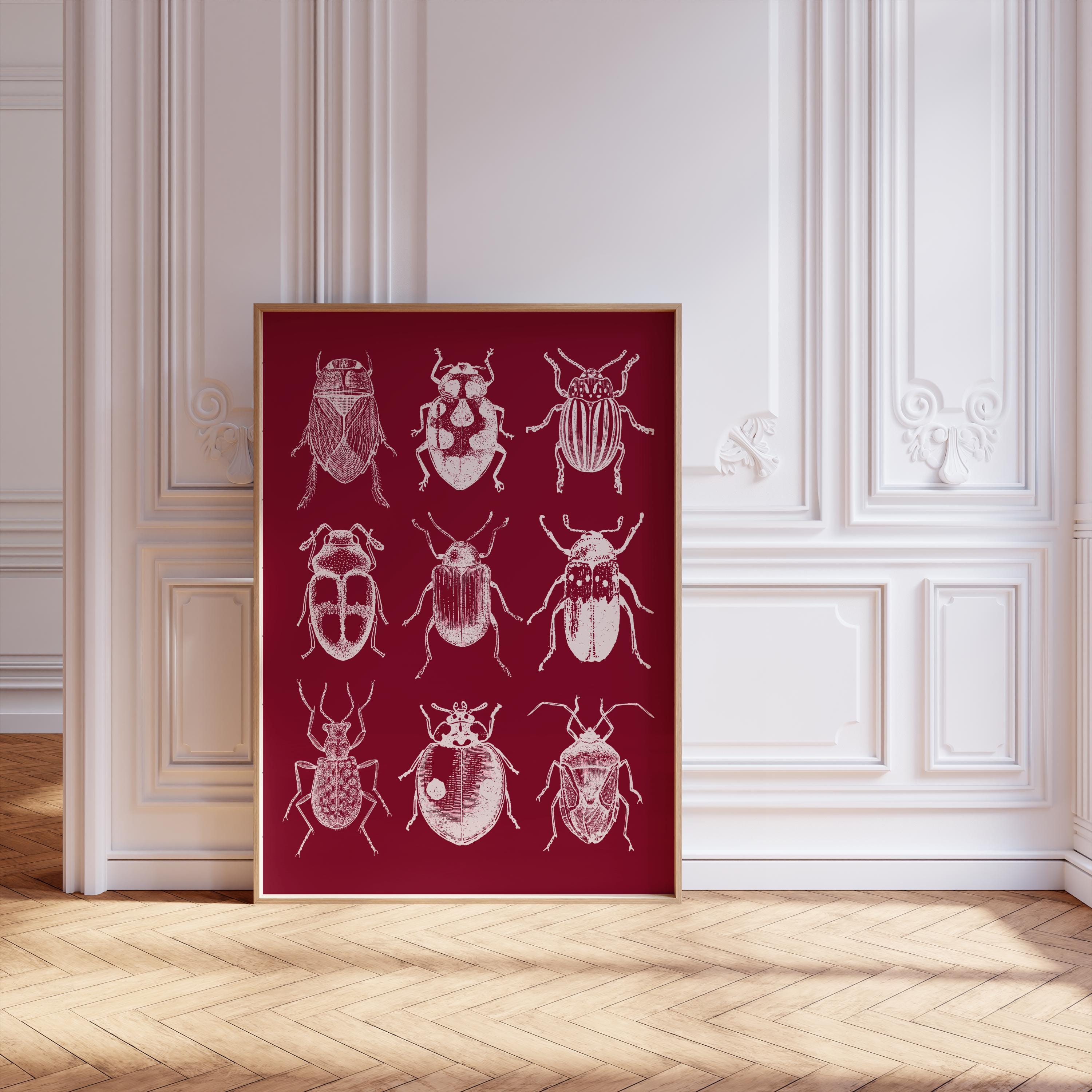 Burgundy Beetle Print, Vintage Style Bug Illustration, Retro Insect ...