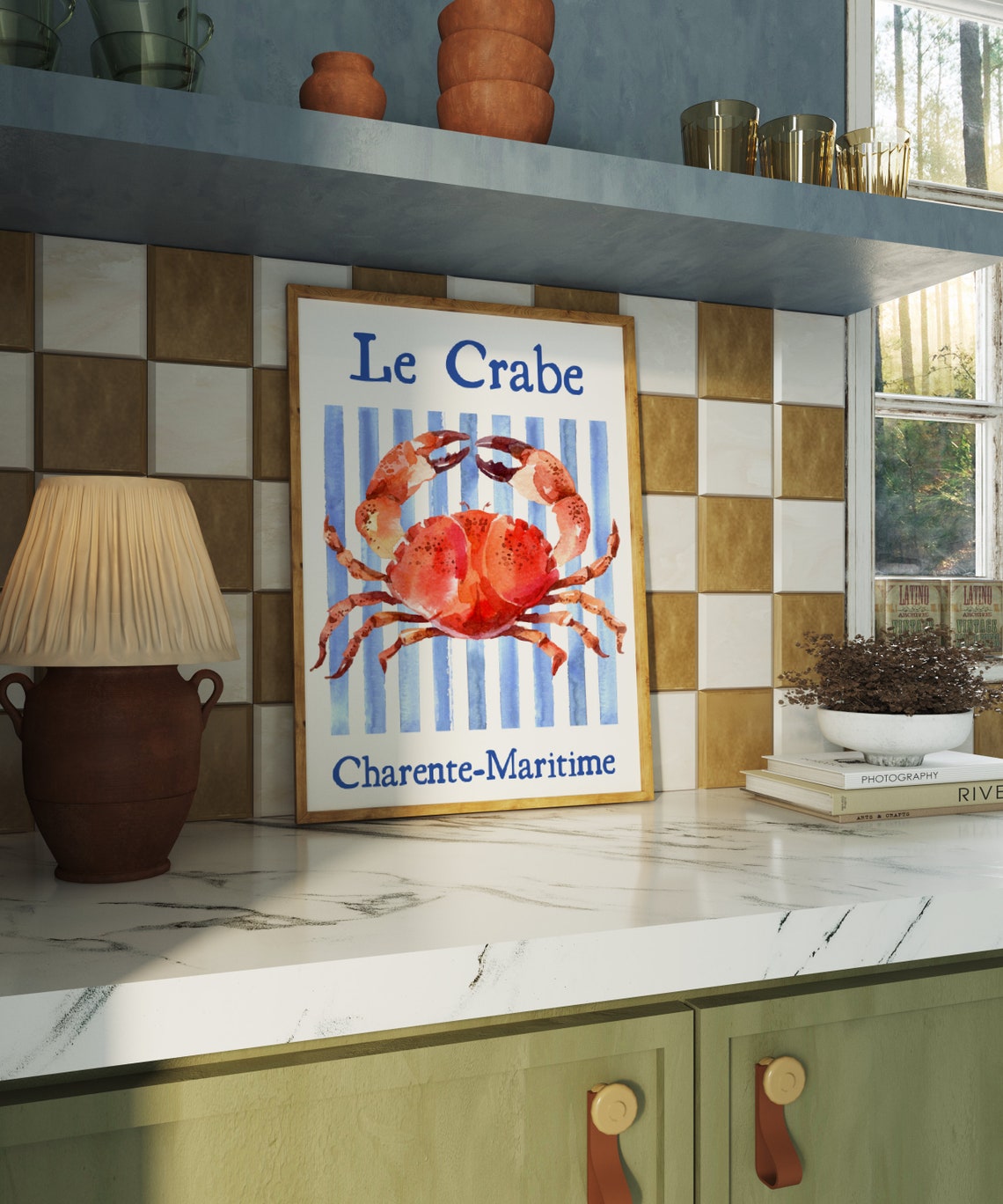 Le Crabe Print, Blue Nautical, Aesthetic Kitchen Decor, French Seafood ...