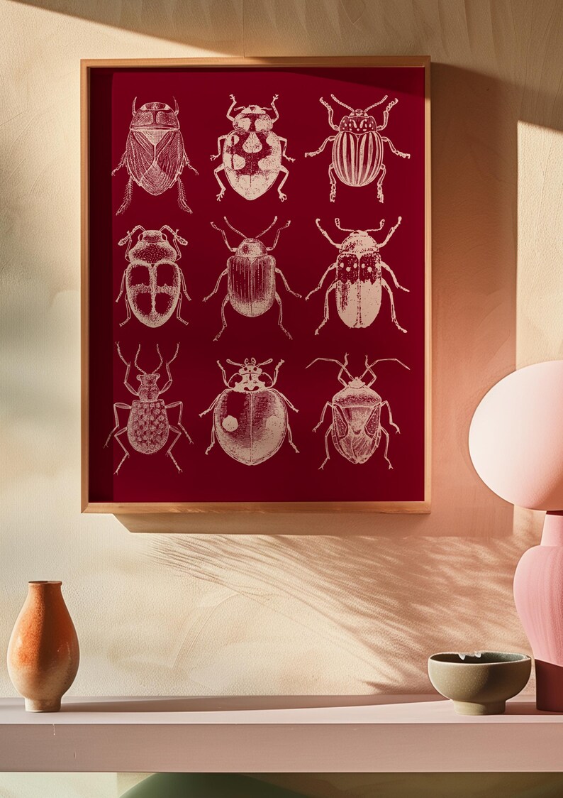 Burgundy Beetle Print, Vintage Style Bug Illustration, Retro Insect ...