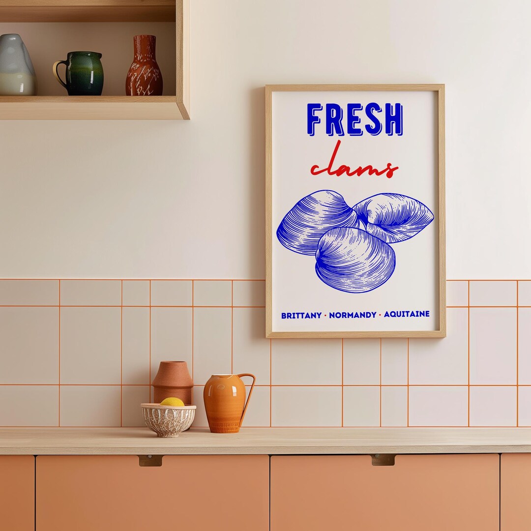 Clams Print, French Seafood Poster, Blue Kitchen, Beach House Decor - Etsy