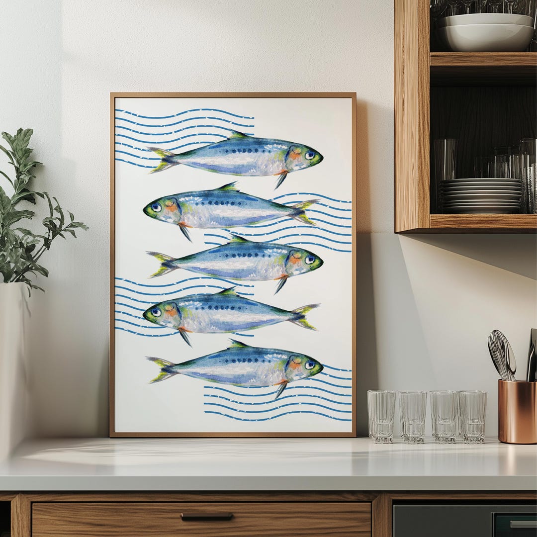 Sardine Print, Sardine Art for Kitchen, Coastal Grandma, Blue Fish ...