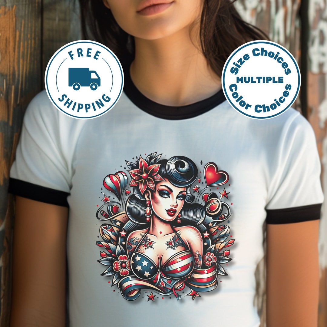 Pin-up Girl T-shirt, Traditional Tattoo, Inked T-shirt, Tattoo Lover Gift, Unisex Cotton Ringer ...