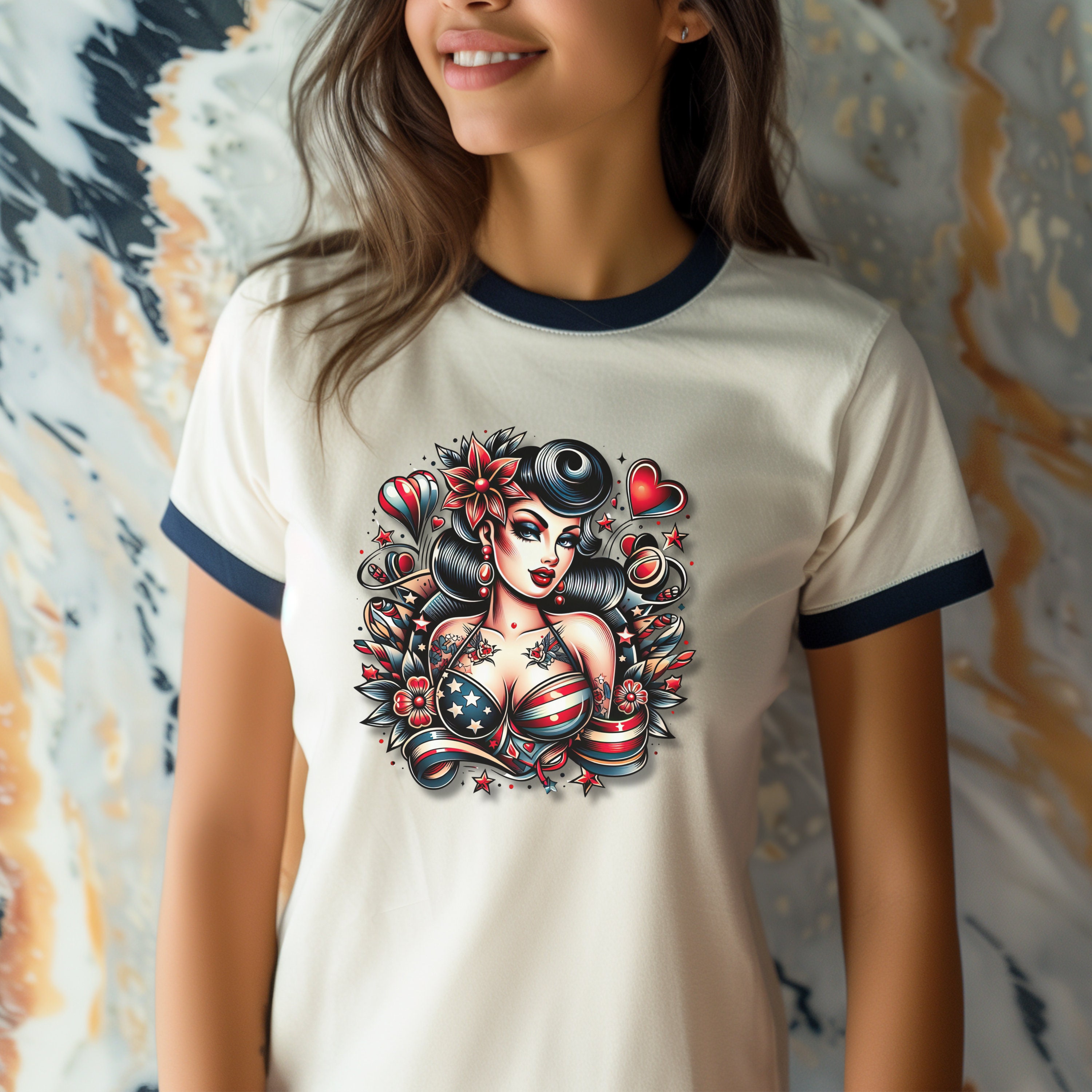 Pin-up Girl T-shirt, Traditional Tattoo, Inked T-shirt, Tattoo Lover Gift, Unisex Cotton Ringer ...