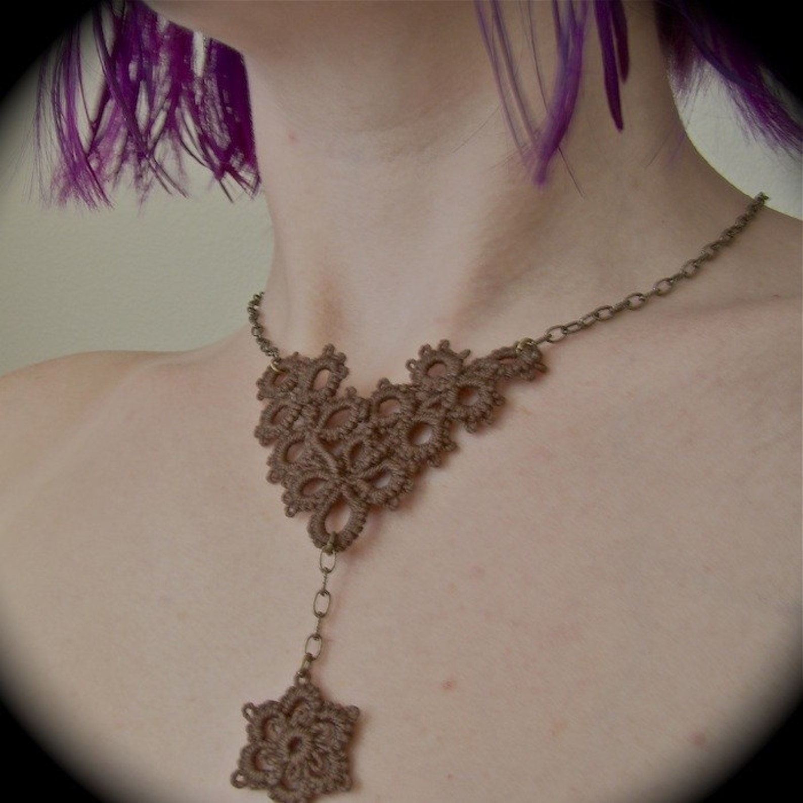 Tatted Lace and Chain Necklace - Flower Fall - Brown and Brass - Etsy