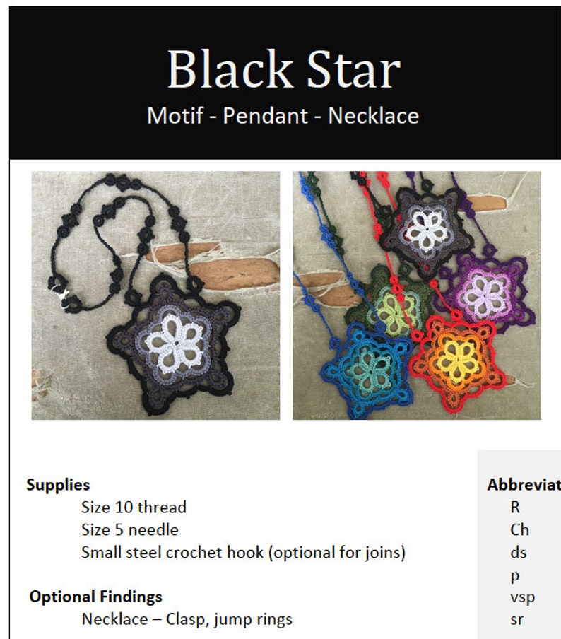 PDF Tatting Pattern -black Star - Pendant - Necklace - Etsy