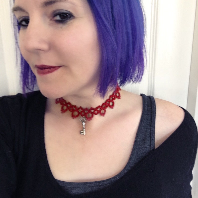 Tatted Lace Choker – Victorian Red Necklace With Key Charm - Etsy