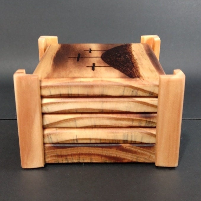 Rustic Wooden Coasters With Holder set of 4 - Etsy