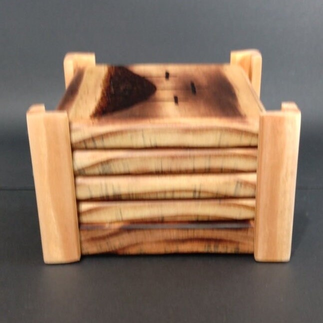 Rustic Wooden Coasters With Holder set of 4 - Etsy