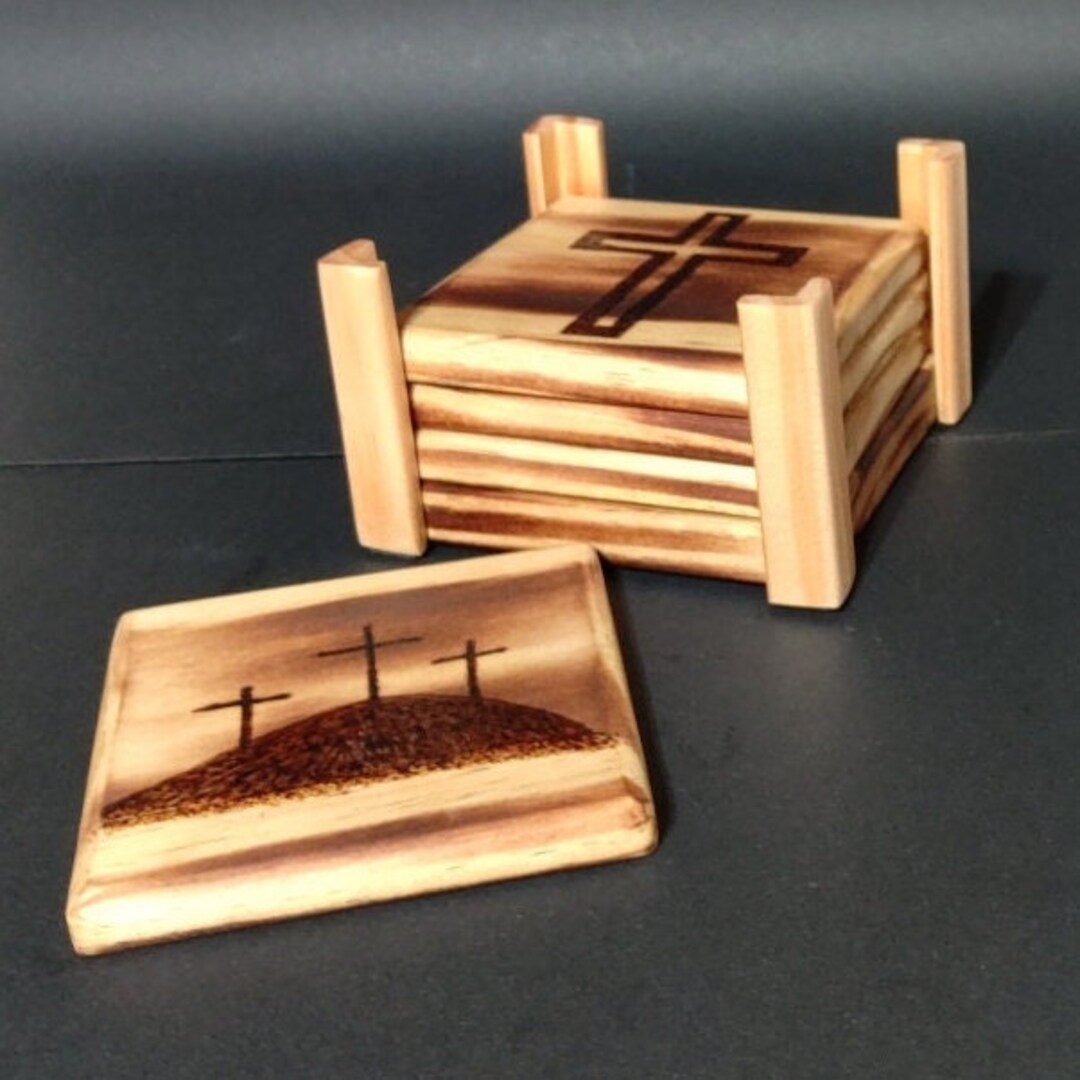Rustic Wooden Coasters With Holder set of 4 - Etsy