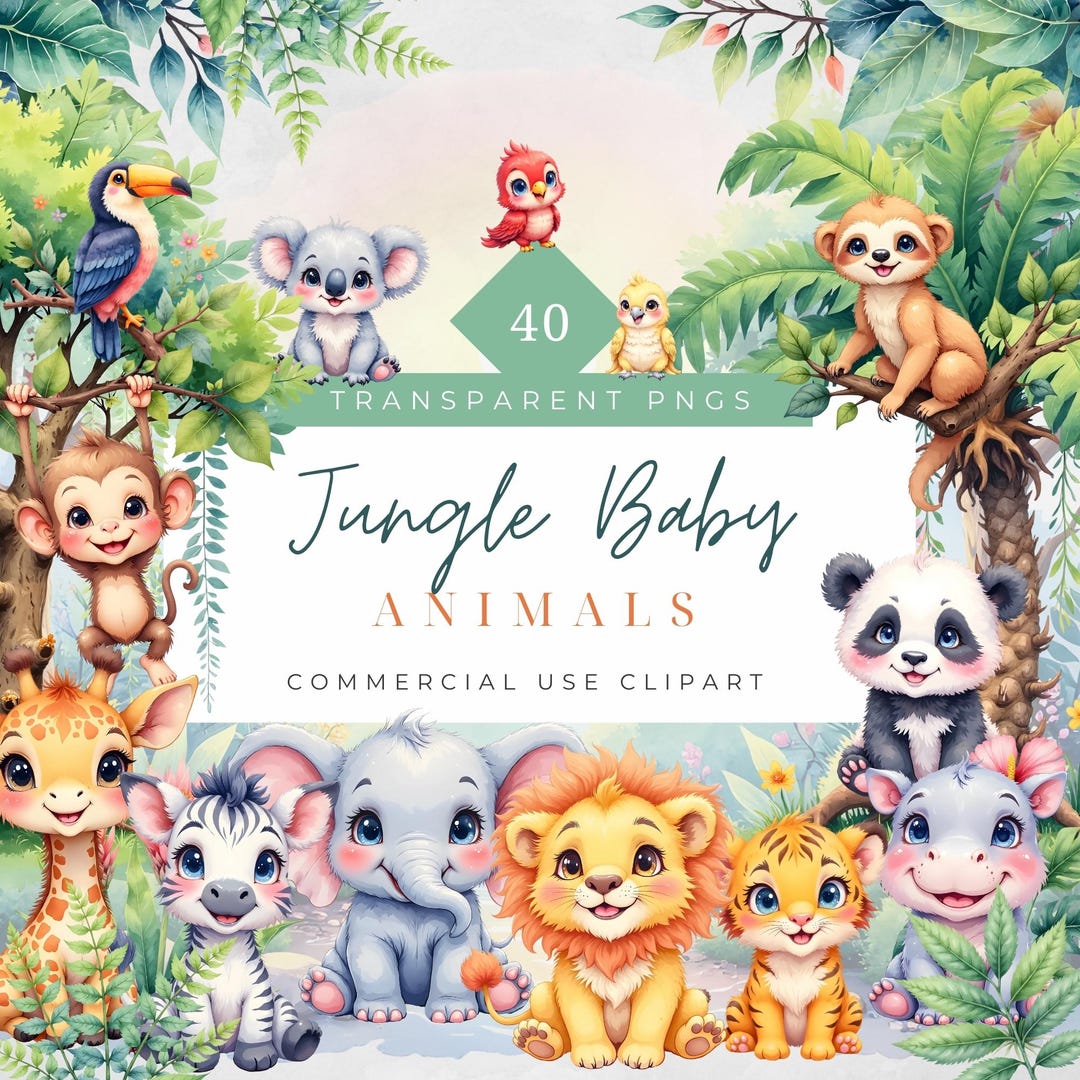 Cute Jungle Animals Clipart Watercolor Baby Animal Png Safari Baby ...