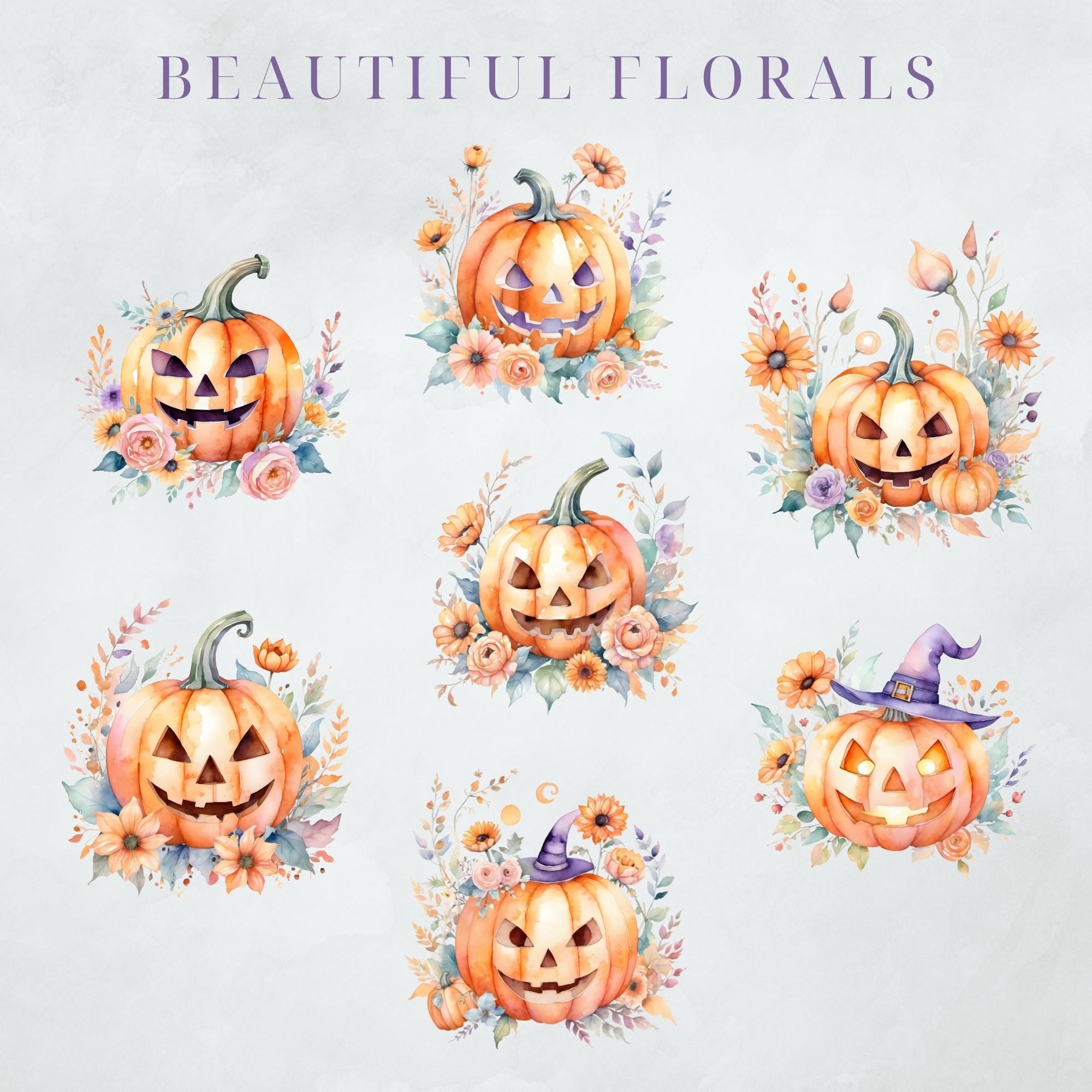 Watercolor Pastel Jack-o-lantern PNG Watercolor Spooky Clipart Floral ...