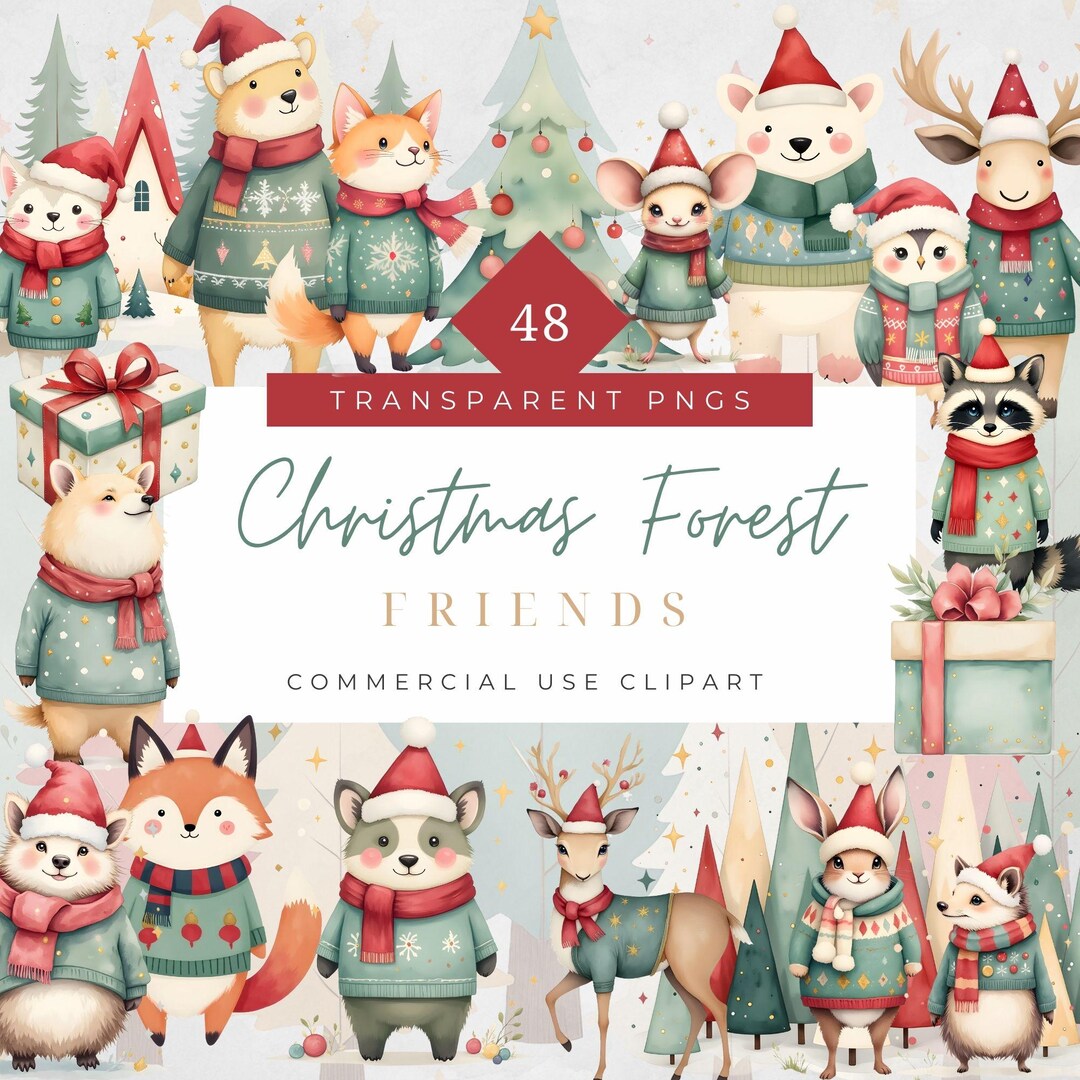 Christmas Forest Friends Clipart Woodland Animal Wintertime PNG ...