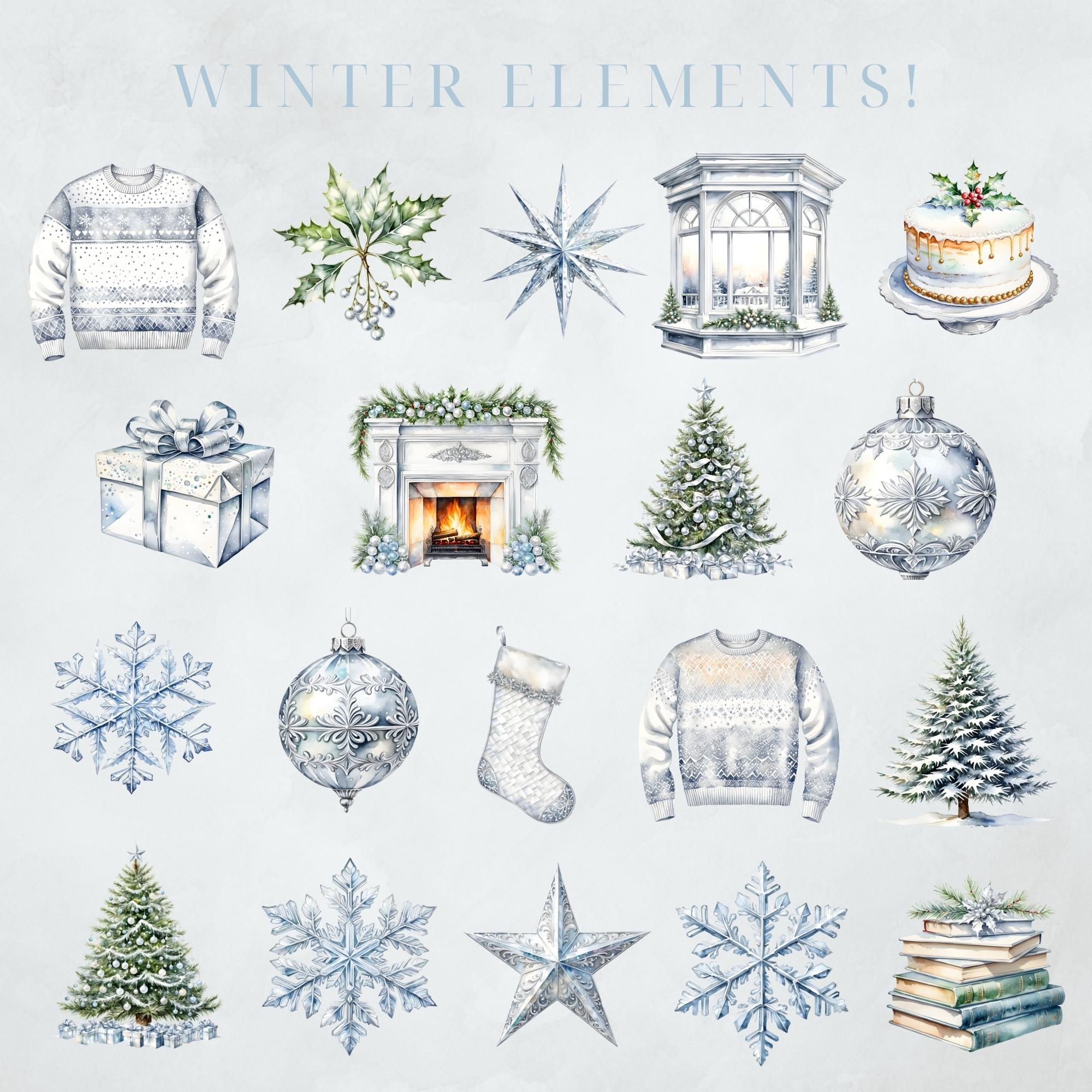 Watercolor Silver Cozy Winter Clipart Elegant White Christmas Silver ...