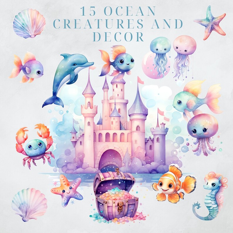 Watercolor Cute Mermaid PNG, Mermaid Clipart Bundle, Under the Sea, Sea ...