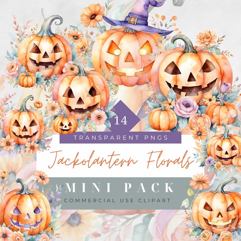 Watercolor Pastel Jack-o-lantern PNG Watercolor Spooky Clipart Floral ...