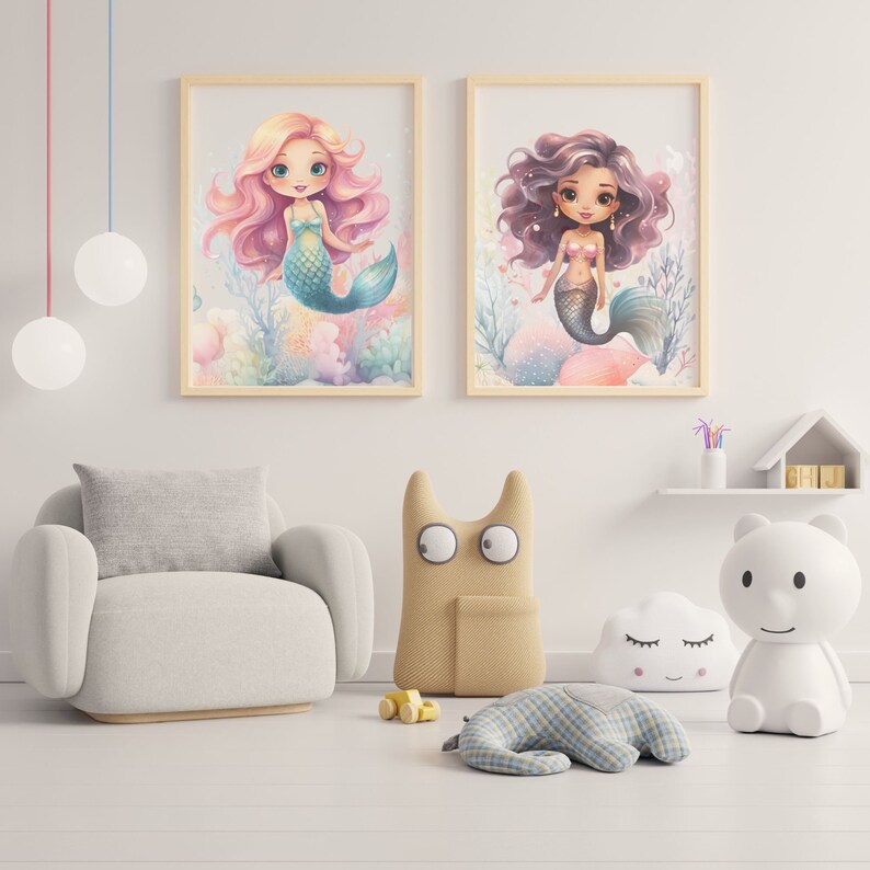 Watercolor Cute Mermaid PNG, Mermaid Clipart Bundle, Under the Sea, Sea ...