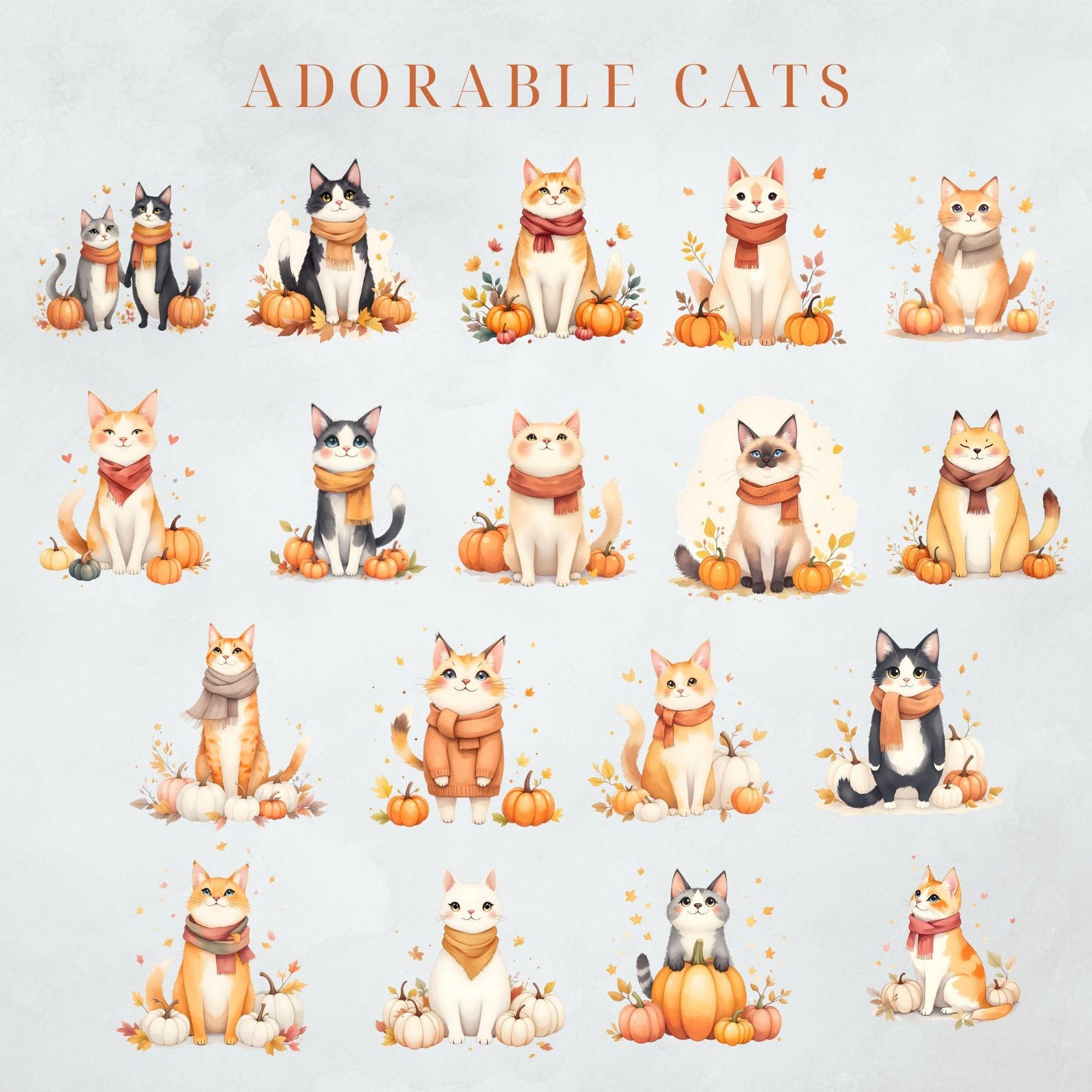 Pumpkin Cat Clipart Cozy Autumn Clipart Watercolor Kitten in Pumpkins ...