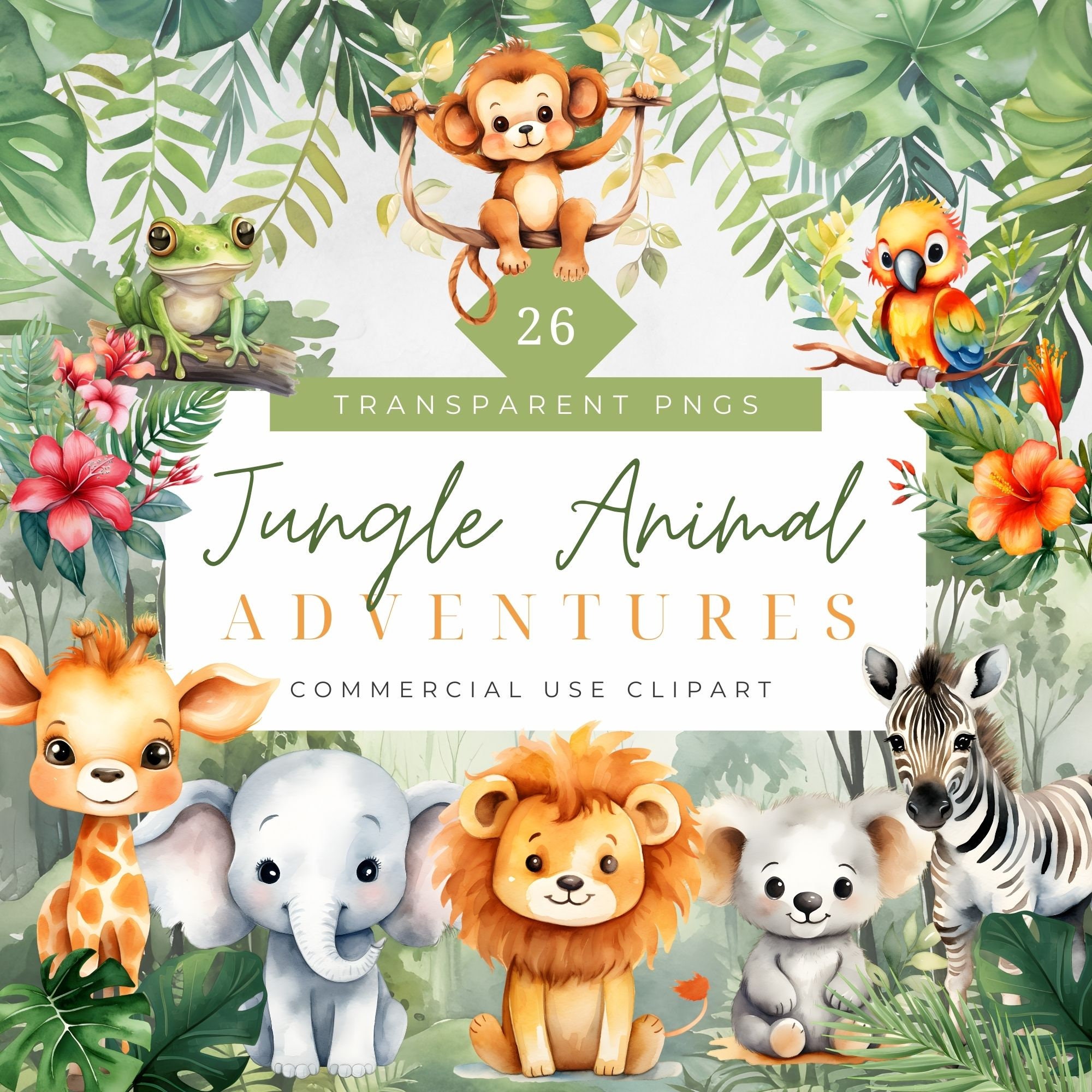 Watercolor Jungle Animals Clipart Baby Animal Png Safari Baby Animal ...