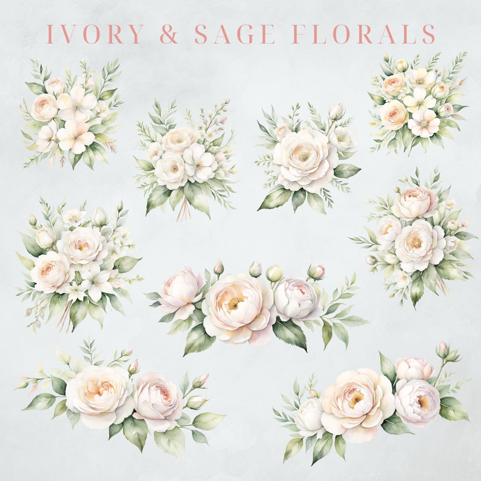 Ivory Floral Clipart White Roses Bouquets Sage Green Bouquet Collection ...